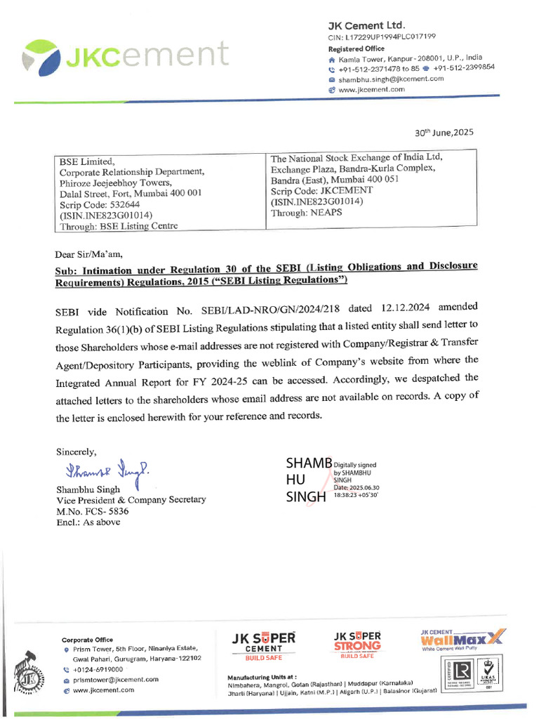 JKCEMENT 30062025184120 Intimation Letter | PDF | Private Sector ...