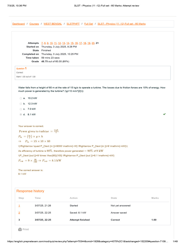 SLST - Physics (11 - 12) Full Set - 60 Marks - Attempt Review | PDF | Physical Quantities ...