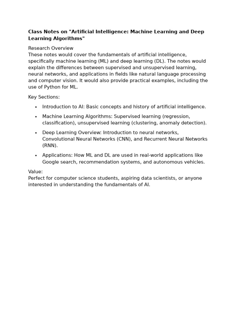 Class Notes On Artificial Intelligence Machine Learning and Deep ...
