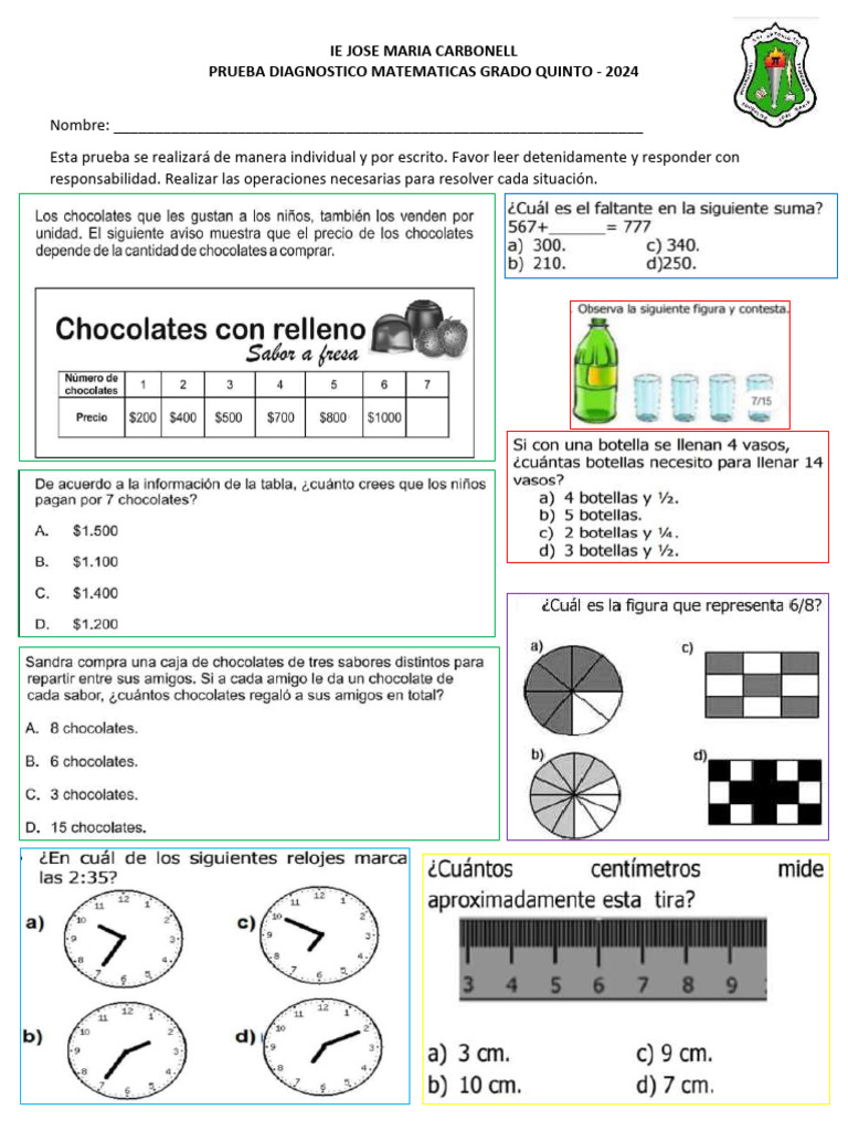 5 Grado Matematicas Prueba Diagnostica | PDF