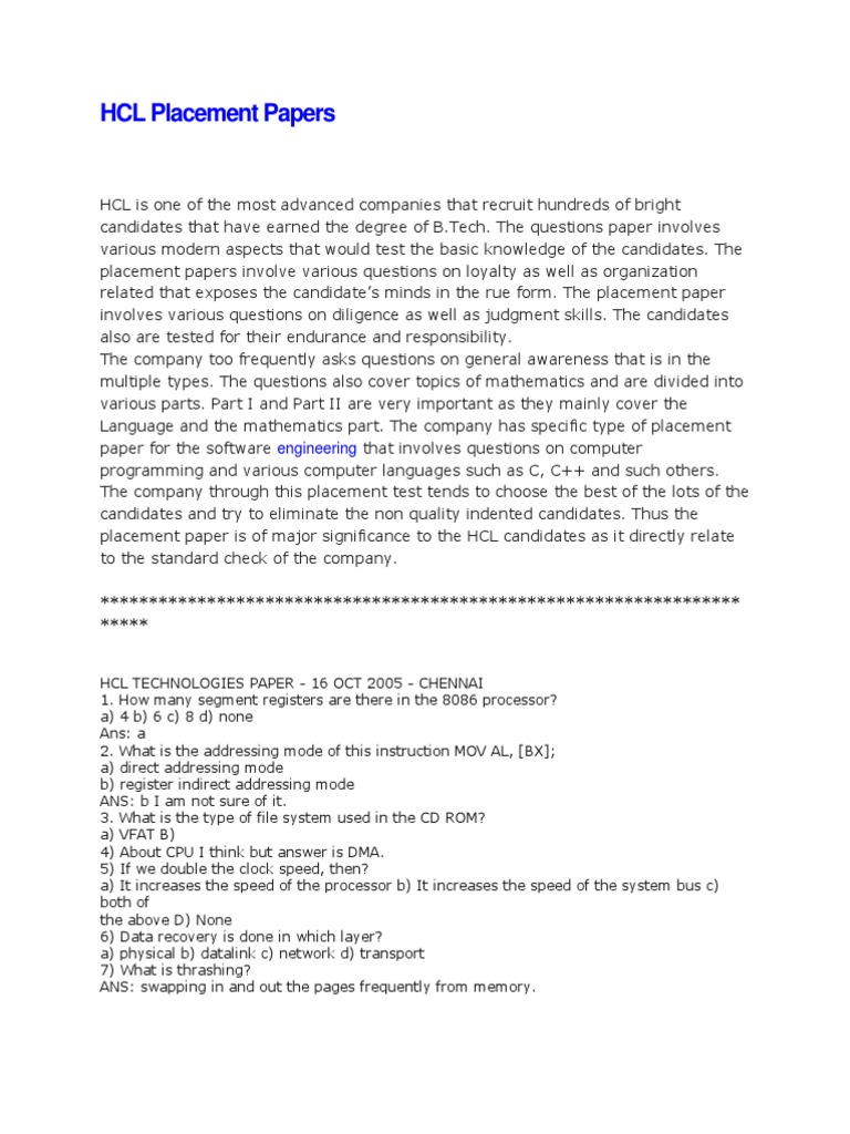 Hcl Placement Papers Pdf C Programming Language Subroutine