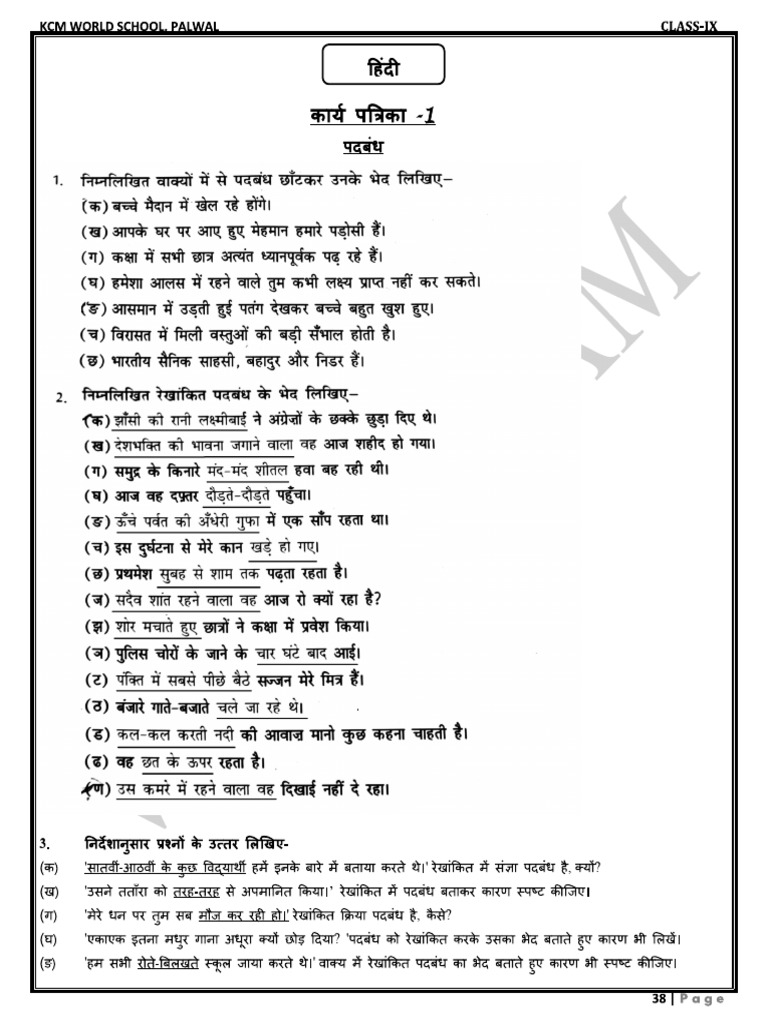 9 HHW Worksheet Hindi | PDF