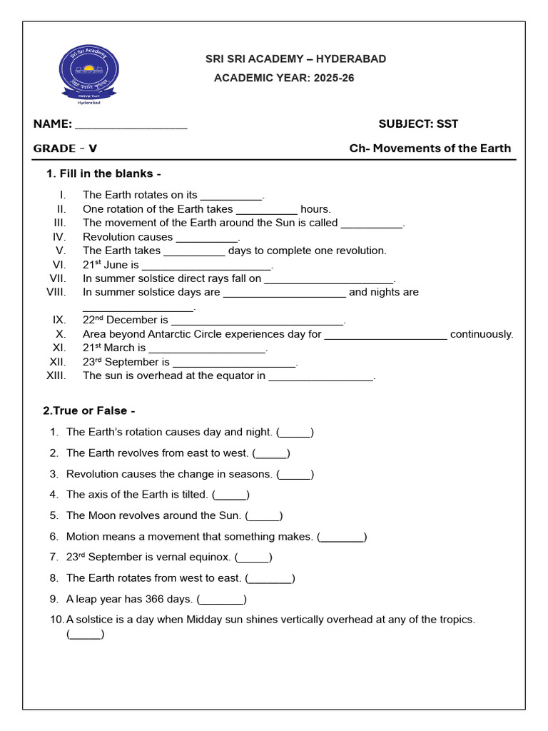 Grade 5, Ch-1, PT - Worksheet | PDF | Earth | Celestial Mechanics