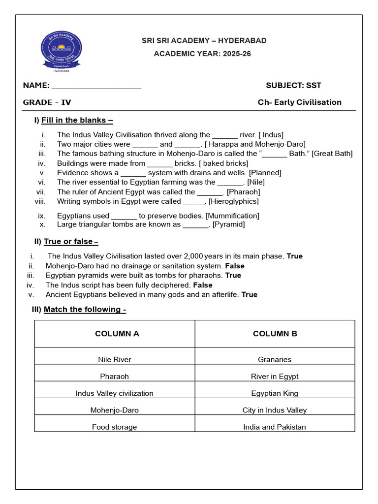 Early Civilizations: Indus & Egypt Worksheet | PDF | Ancient Egypt ...