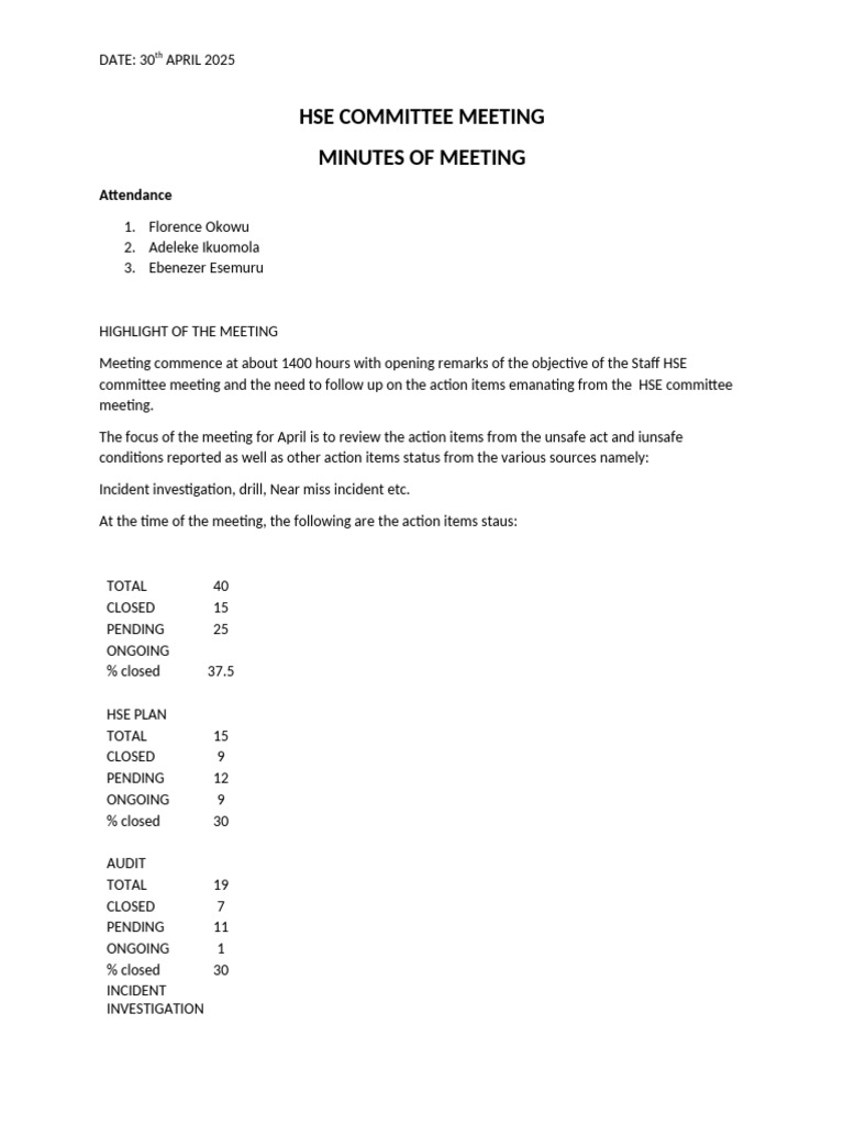 Hse Committee Meeting Report | PDF