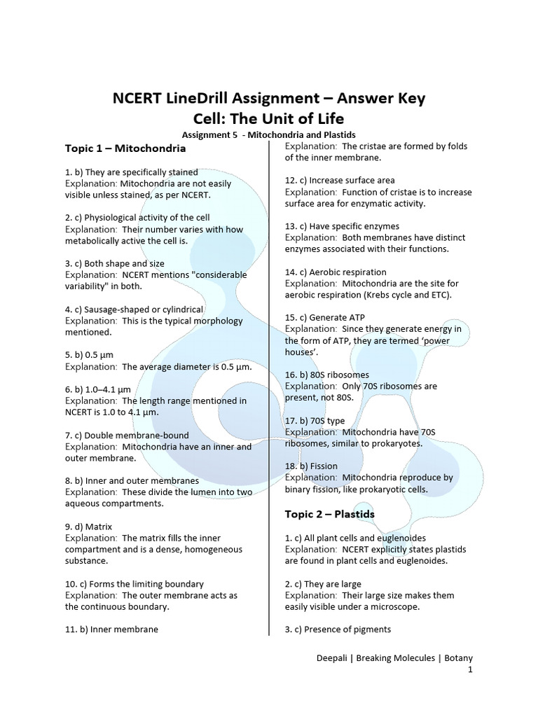 NCERT LineDrill 5 - Cell The Unit of Life (Ans Key) | PDF | Chloroplast | Mitochondrion
