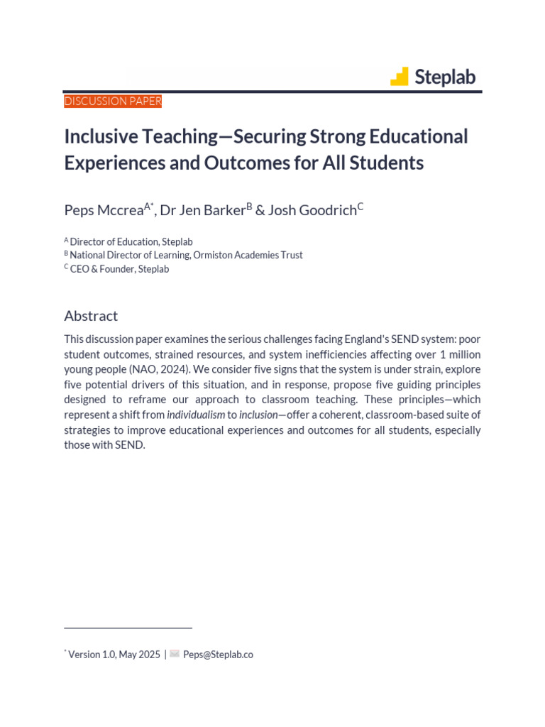 Inclusive Teaching Discussion Paper 2025 | PDF | Teachers | Learning