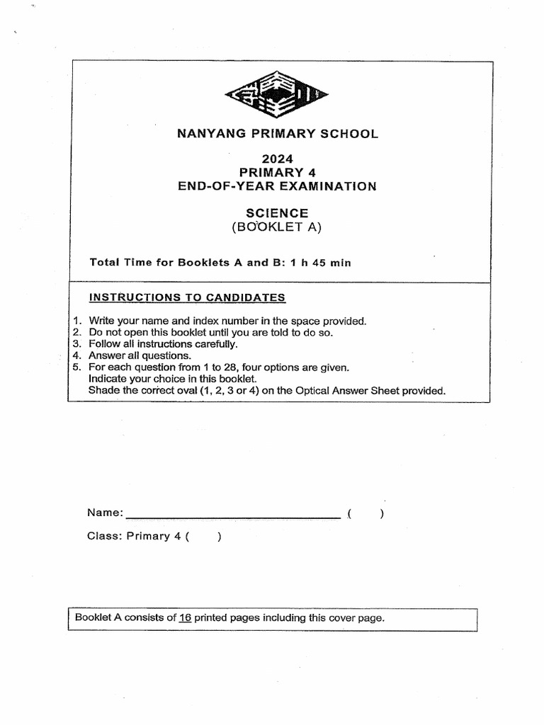 2024 P4 Science End of Year Exam Nanyang | PDF