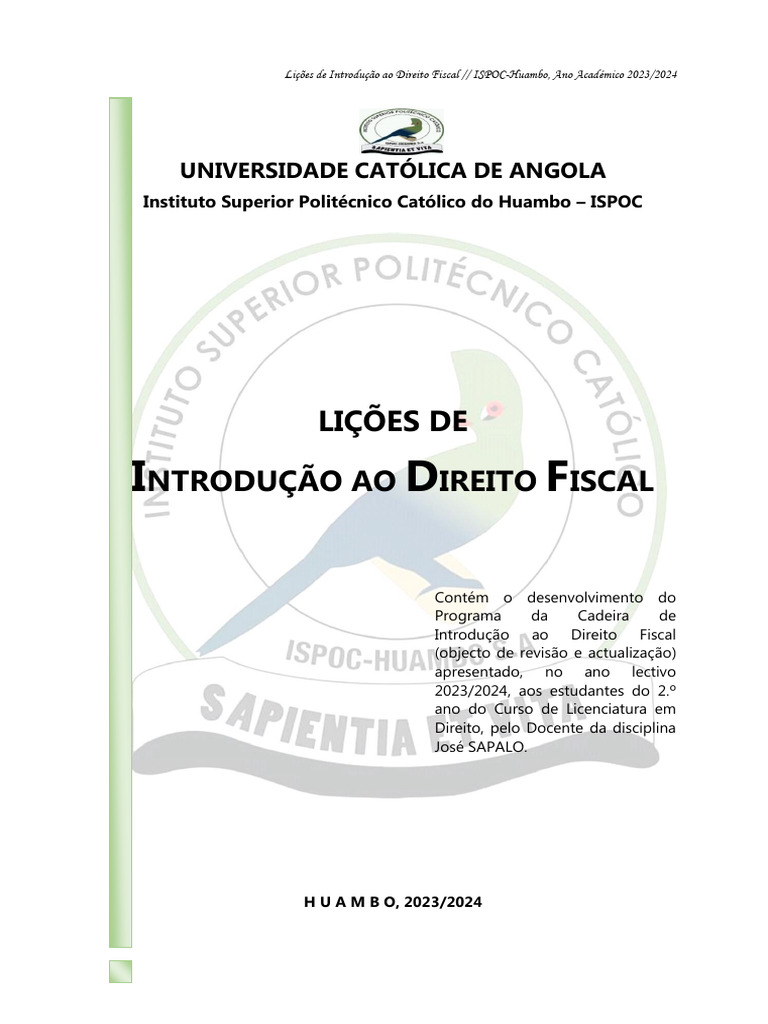 Lições de Direito Fiscal - ISPOC 2023/2024 | PDF | Impostos | Estado
