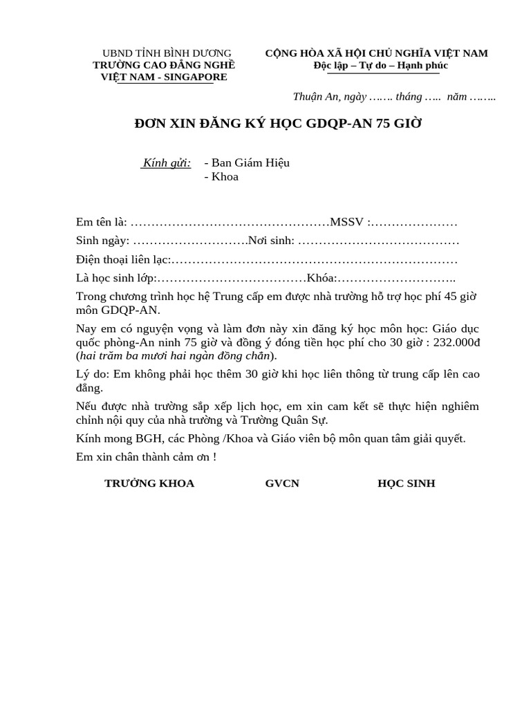 Đơn Xin GDQP-An - 75 Gi | PDF