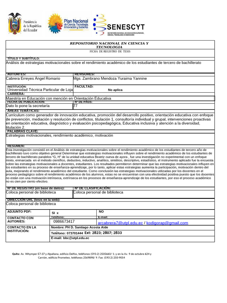 Ficha para Senescyt | PDF | Enseñando | Aprendizaje