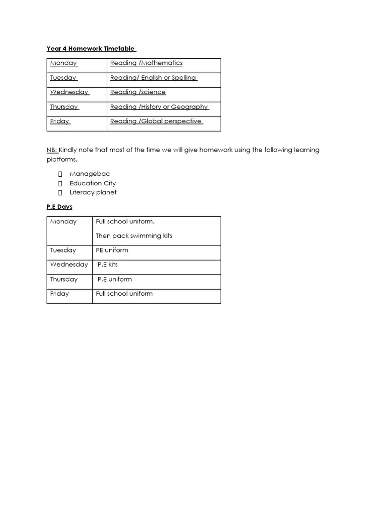 Year 4D 4M Homework UniformTimetable | PDF