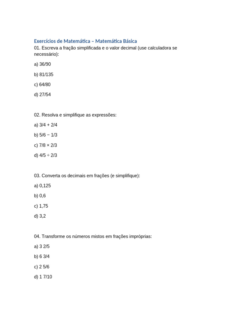 Exercicios Matematica Basica | PDF
