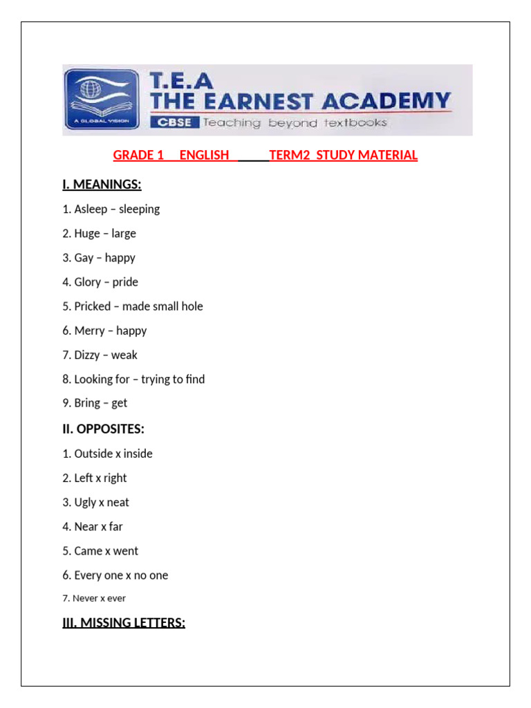Grade1 Term 2 Study Material English | PDF