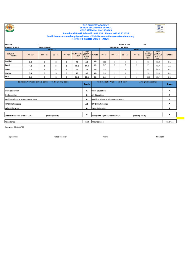 Grade 3A Report Card 22-23 | PDF | Educational Stages | Educational ...