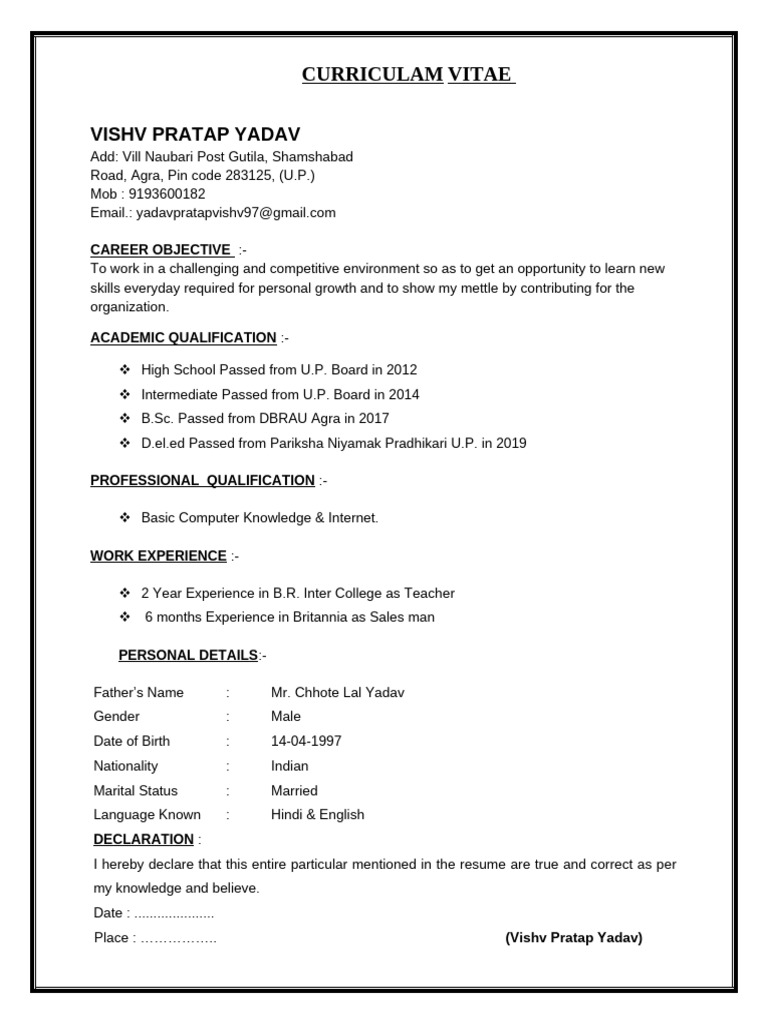 Vishv Pratap Yadav's CV and Qualifications | PDF