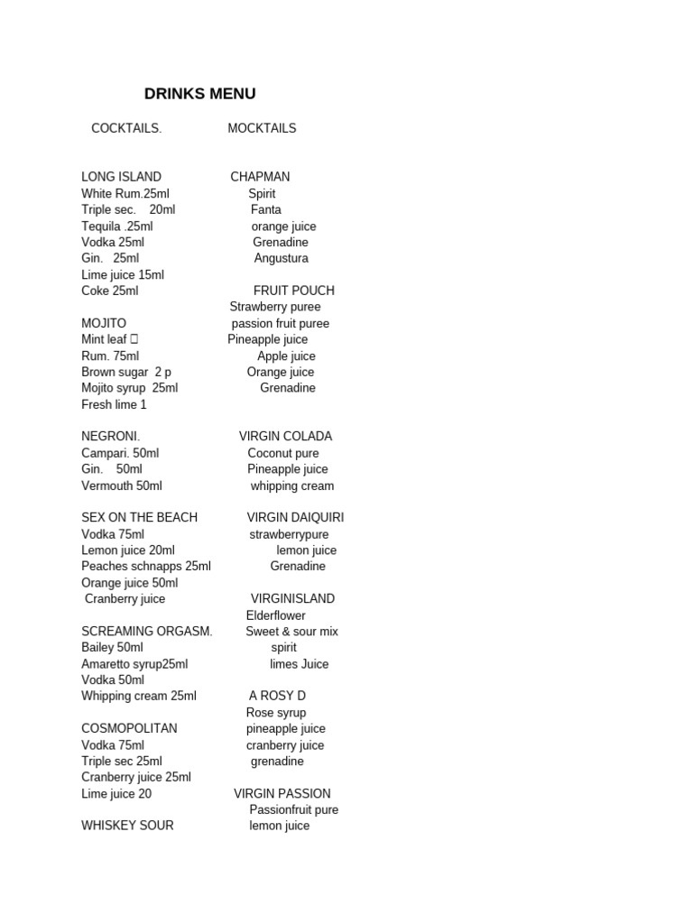 Afriq JM Lounge Drinks Menus 1 | PDF | Alcoholic Drinks | Mixed Drinks