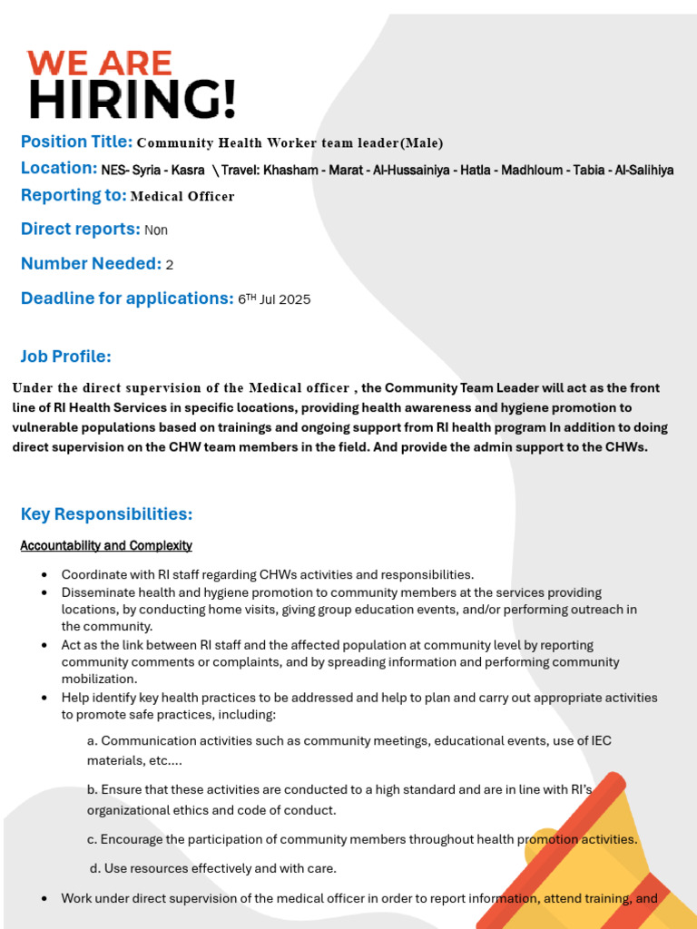 NEW HR Job Announcement1 - Community Health Worker Team Leader (Male ...