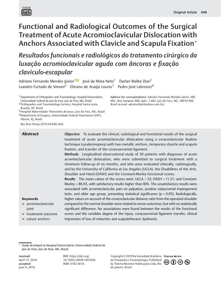 Acute Acromioclavicular Dislocation Fixation With Anchors With Calvicle ...