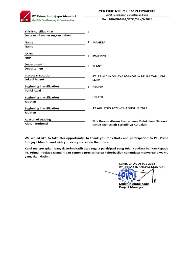 Certificate of Employment Contoh | PDF
