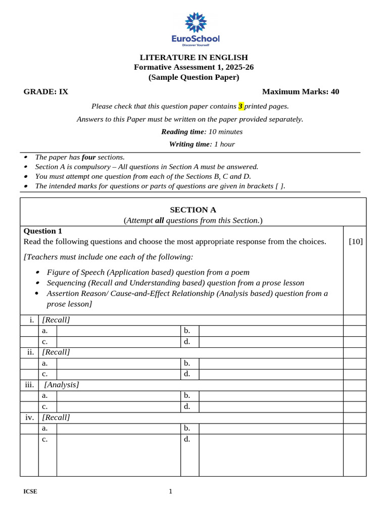ICSE Class 9 English Literature Sample Paper | PDF | Question