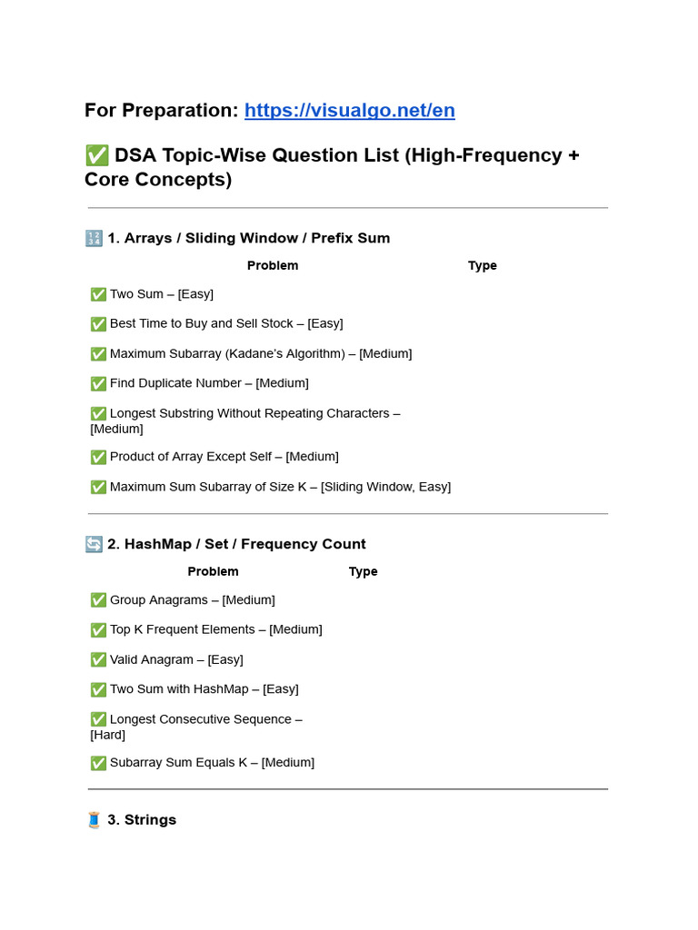 DSA Topic-Wise Question List (High-Frequency - Core Concepts) | PDF | String (Computer Science ...