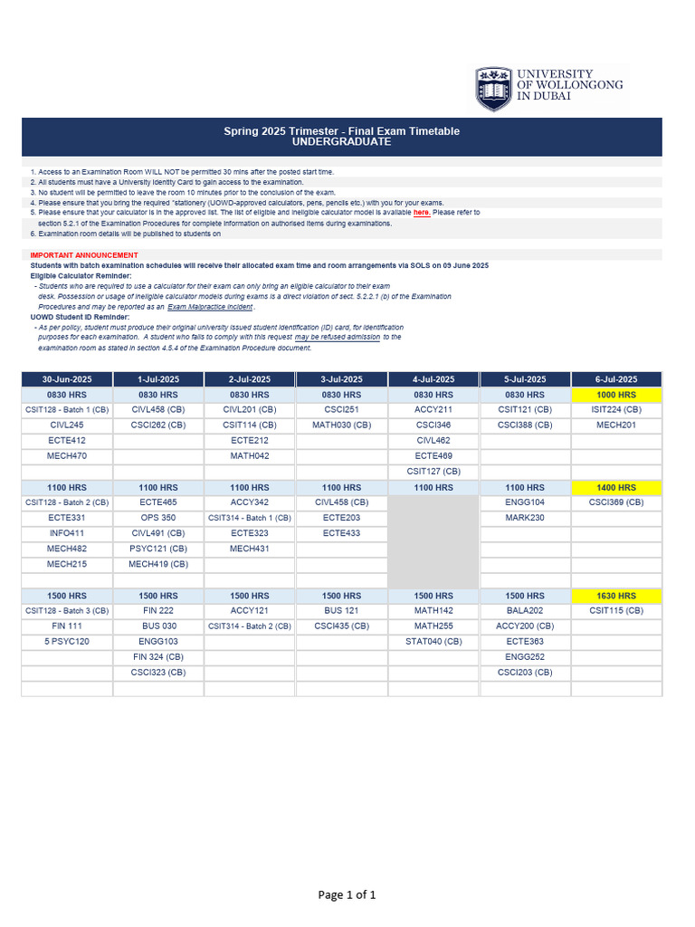 UG Final Exam Timetable 2025 | PDF