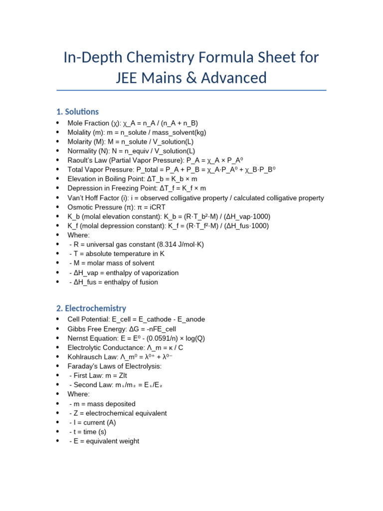 In-Depth Chemistry Formula Sheet JEE | PDF