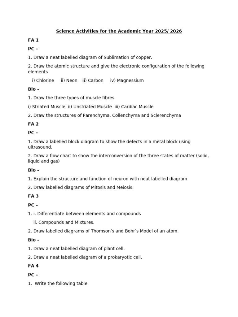 9th Science FA Activities 2025 26 | PDF