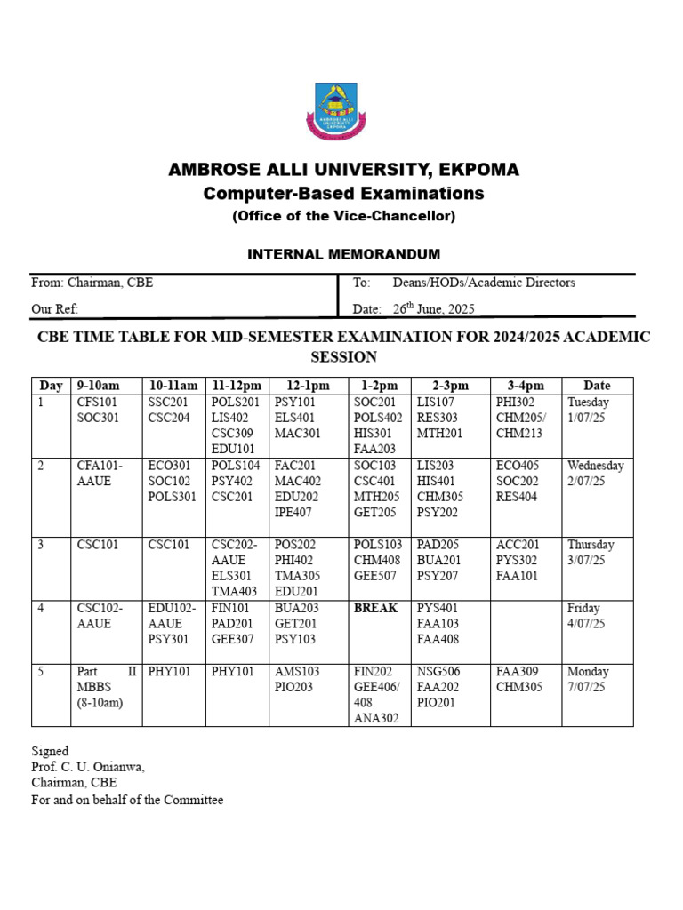 CBE TIME TABLE FOR 2024.2025 MID SEMESTER EXAM New-1 | PDF
