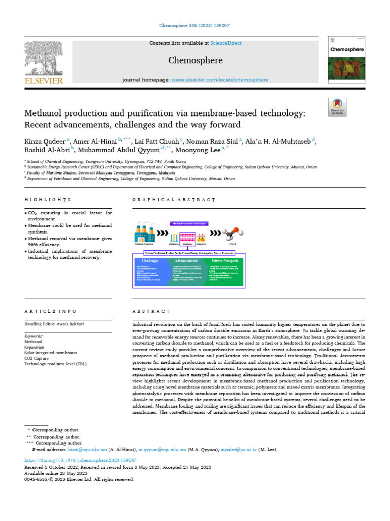Methanol Production and Purification Via Membrane-Based Technology ...