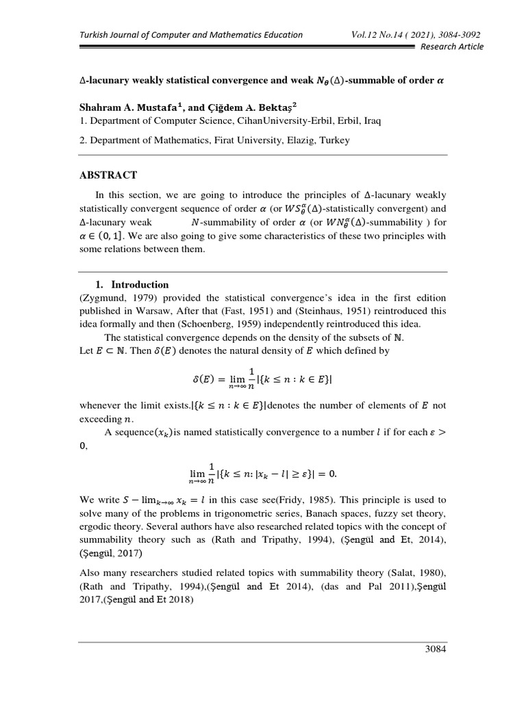 Lacunary Weakly Statistical Convergence and Weak ?? ( ) - Summable of Order | PDF | Sequence ...