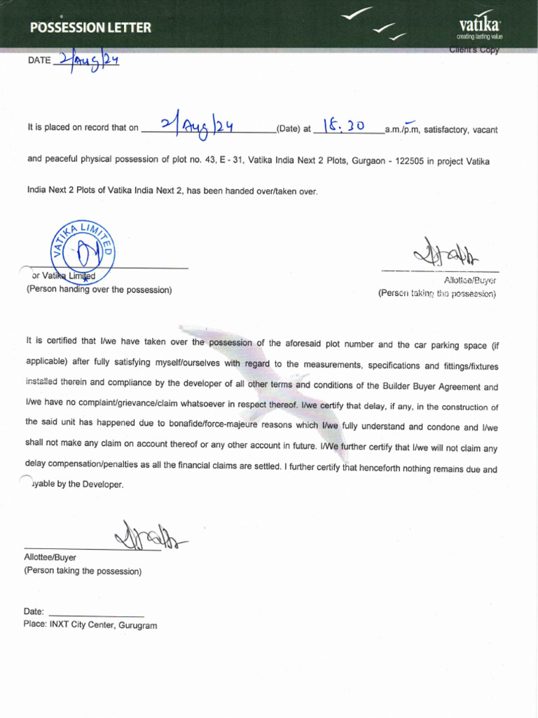 Vatika Possession Letter E31-43 | PDF