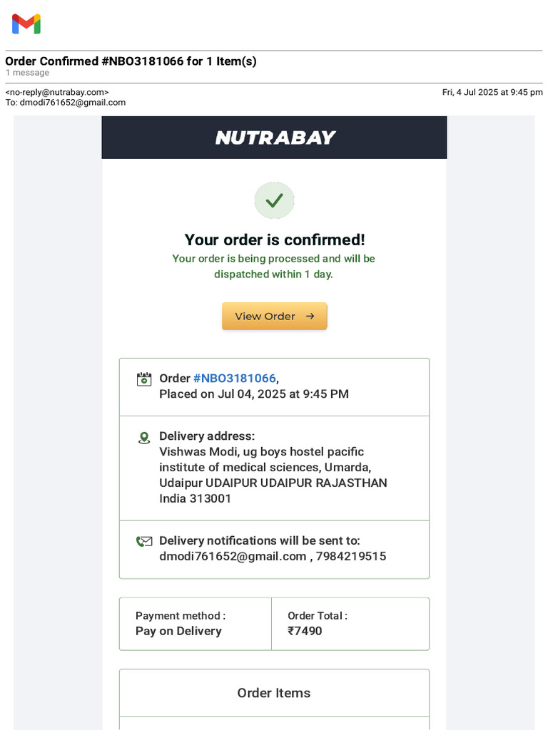 Gmail - Order Confirmed #NBO3181066 For 1 Item(s) | PDF