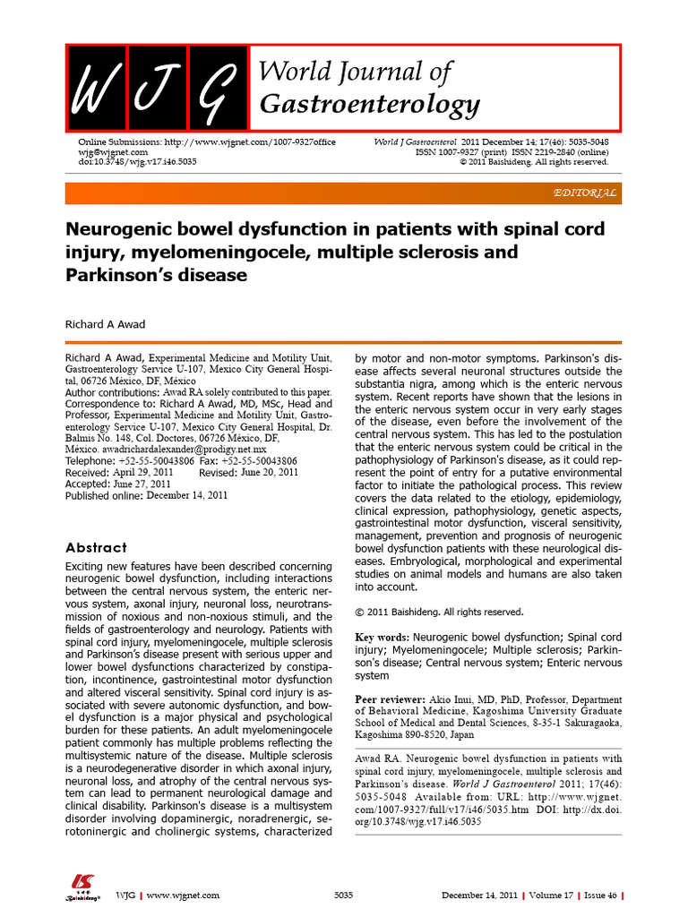Neurogenic Bowel Dysfunction - 2011 | PDF | Constipation | Esophagus
