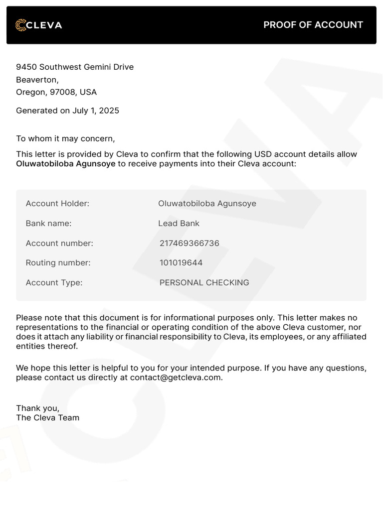 Cleva Proof of Account | PDF