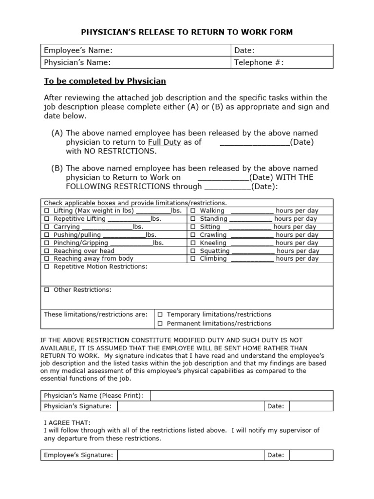 Physician's Return to Work Release Form | PDF