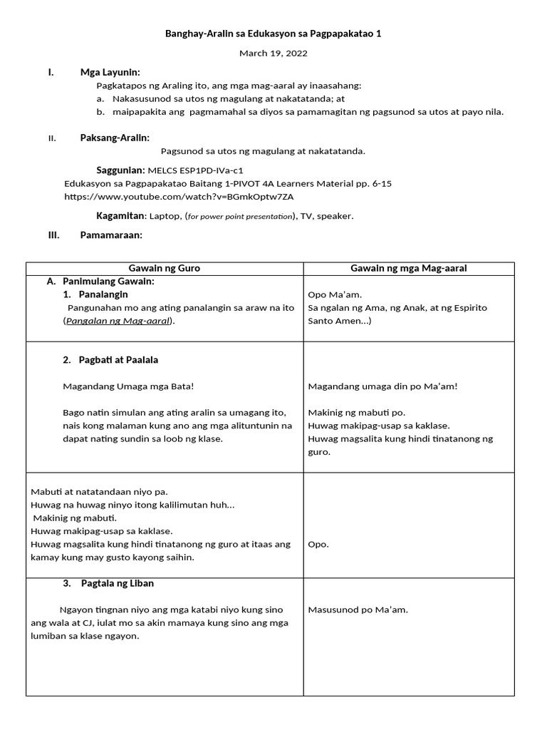 Banghay Aralin ESP1 | PDF