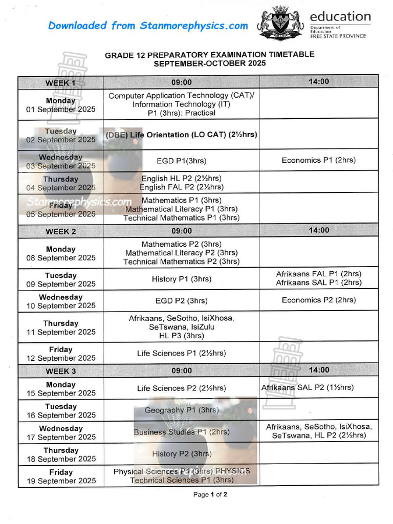 FS Exam Timetable Grade 12 Trial 2025 | PDF