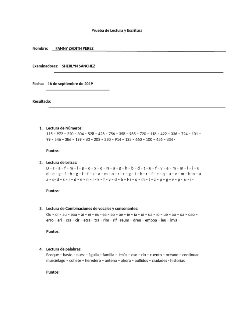 Evaluación de Lectura y Escritura 2019 | PDF
