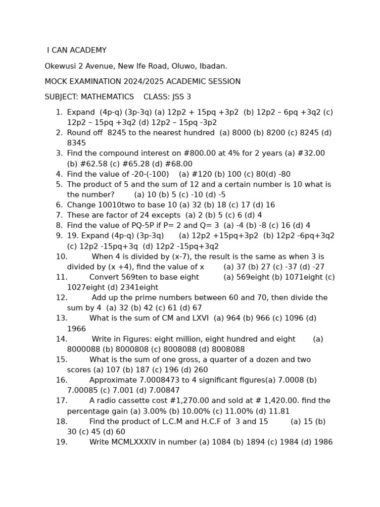 JSS3 Maths Mock Exam 2024/2025 | PDF | Mathematics | Arithmetic