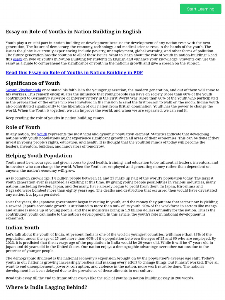 Essay On Role of Youths in Nation Building For Students in English | PDF