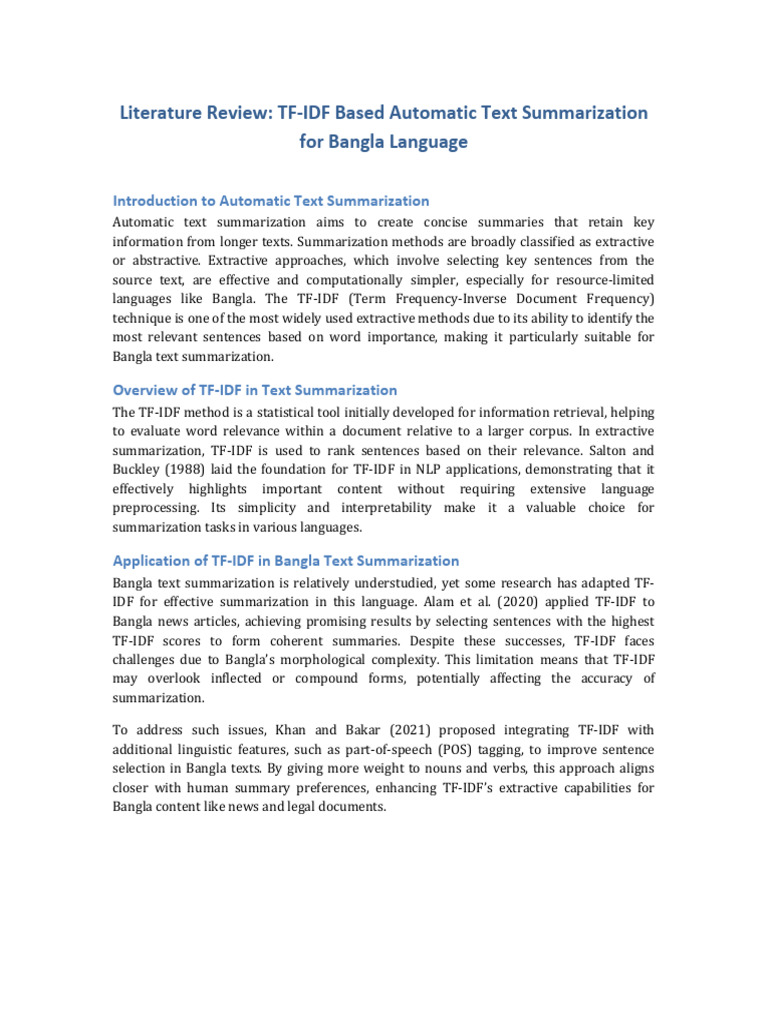 TF-IDF Based Automatic Text Summarization For Bangla Language | PDF | Artificial Intelligence ...
