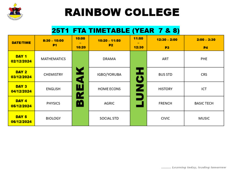 Year 7 & 8 FTA Timetable 2024 | PDF