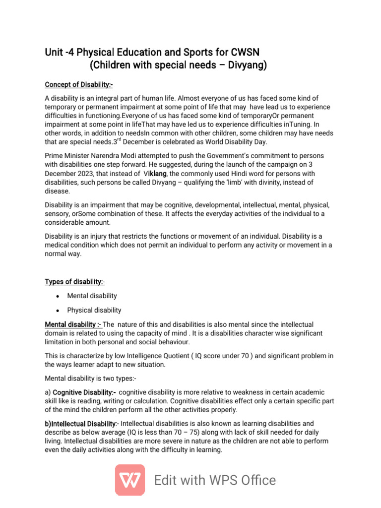Unit - 4 Physical Education and Sport's For CWSN | PDF | Intellectual ...