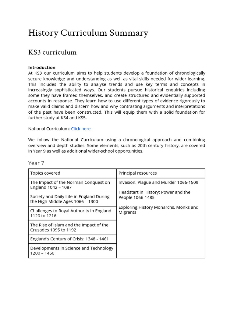 History Curriculum Summary - KS3 | PDF