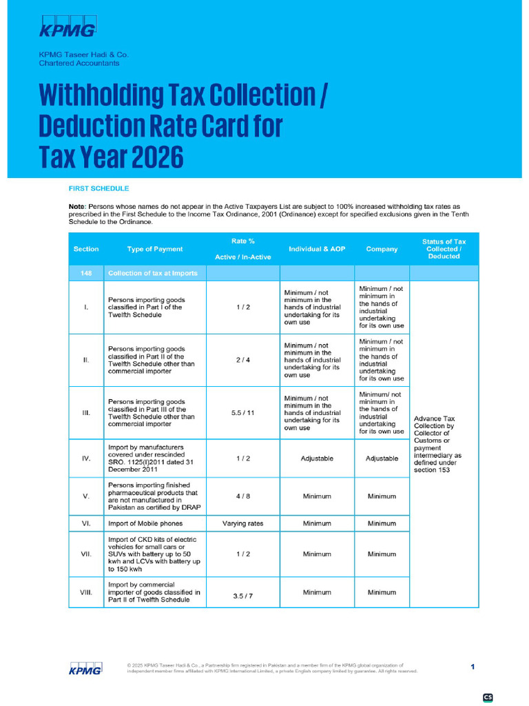 Withholding Tax Collection Deduction Rate Card TY 2026 | PDF