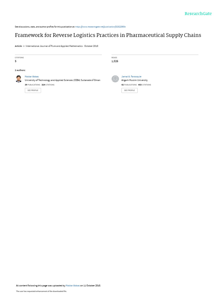 Framework For Reverse Logistics Practices in Pharmaceutical Supply Chains IW Manual 2 | PDF ...