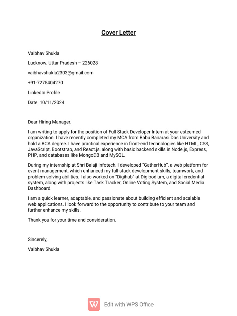 Full Stack Developer Intern Cover Letter | PDF