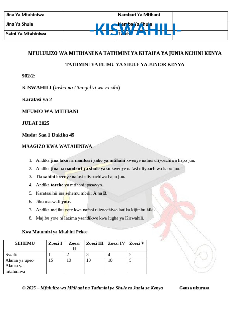 Grade 9 Kiswahili Pp2 | PDF